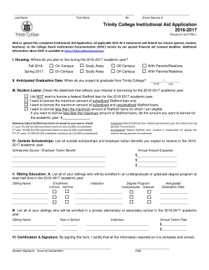 Fillable Online trincoll Trinity College Institutional Aid Application ...