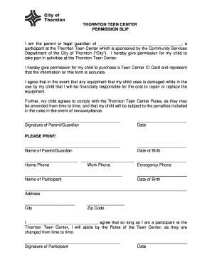 Fillable Online cityofthornton Teen Center Release Form - City of ...