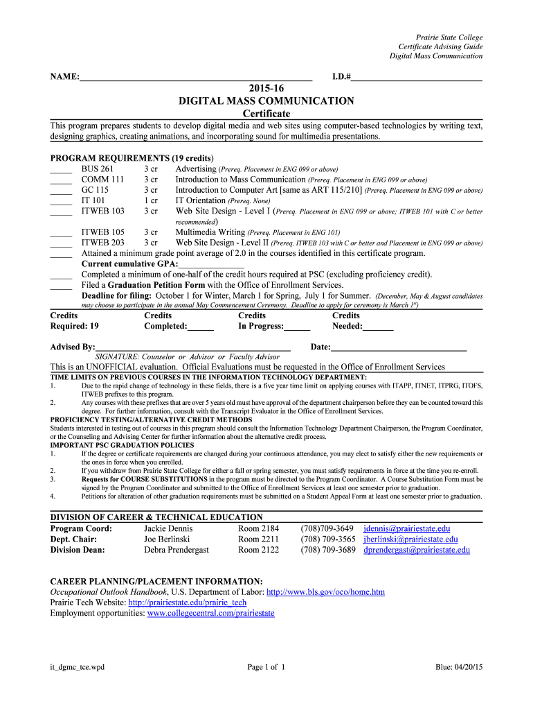 Fillable Online prairiestate Prairie State College Certificate Advising ...