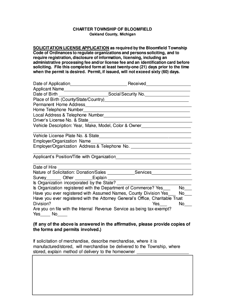 Fillable Online bloomfieldtwp Solicitation Application Packet Fax Email ...