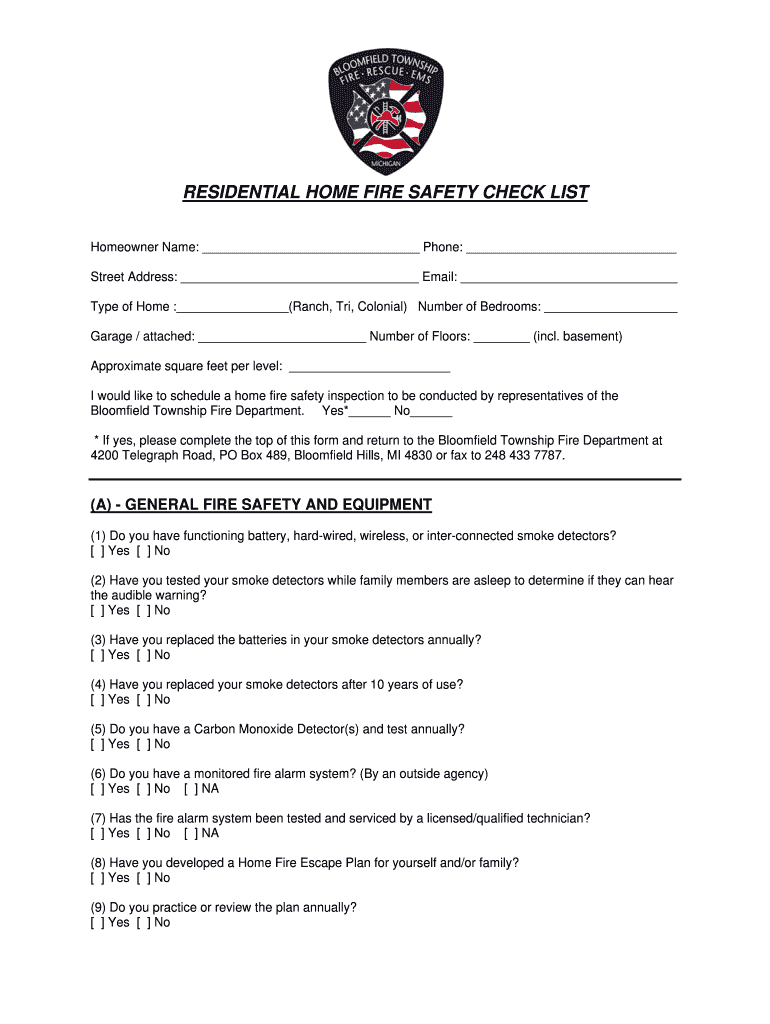 Fillable Online bloomfieldtwp RESIDENTIAL HOME FIRE SAFETY CHECK LIST ...