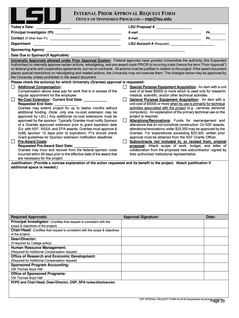 Fillable Online fas lsu INTERNAL PRIOR APPROVAL REQUEST FORM OFFICE OF ...