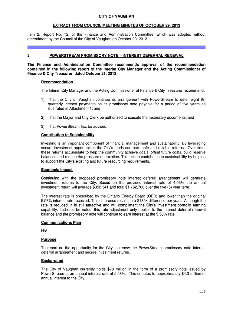 Fillable Online Powerstream promissory note interest deferral bb - City of Vaughan Fax Email ...