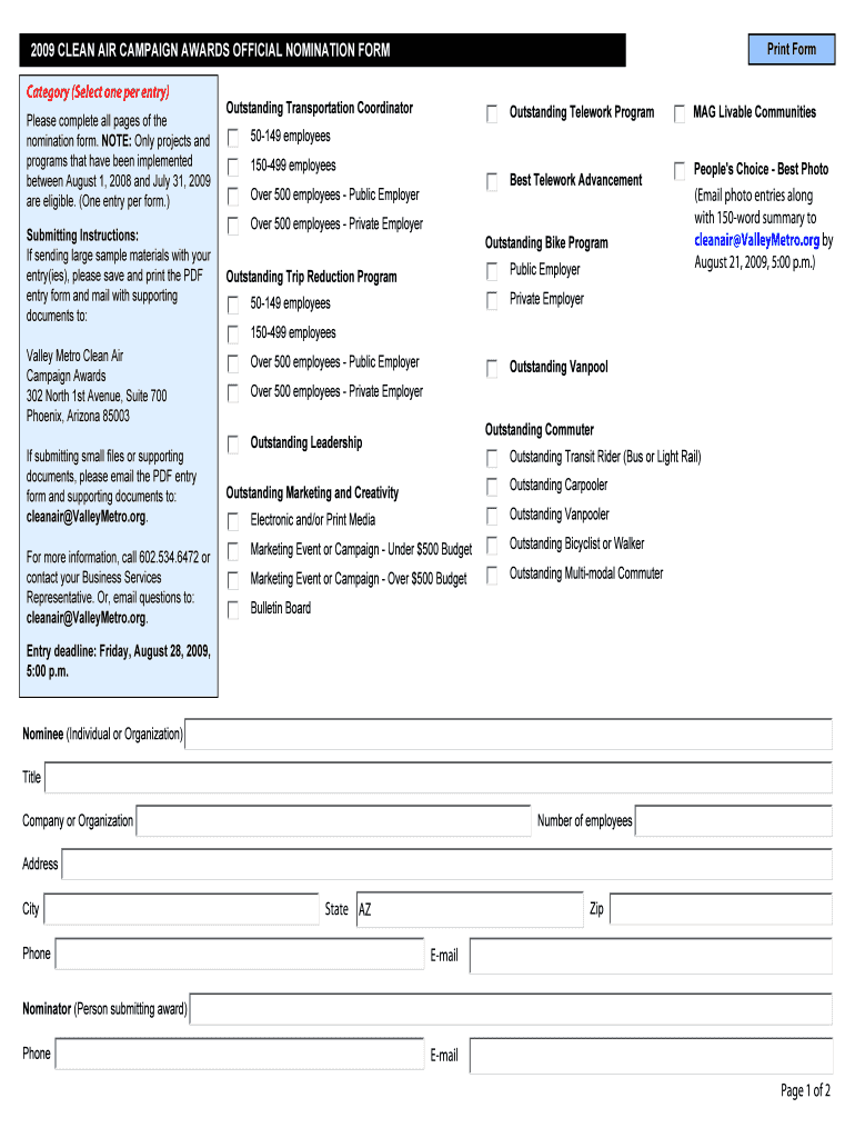 Fillable Online valleymetro 2009 CLEAN AIR CAMPAIGN AWARDS OFFICIAL ...