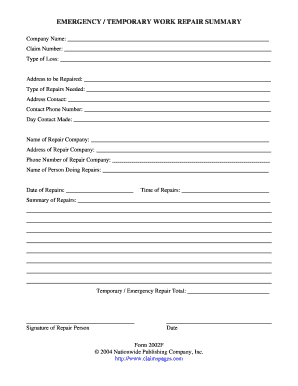 Fillable Online EMERGENCY TEMPORARY WORK REPAIR SUMMARY Fax Email Print ...