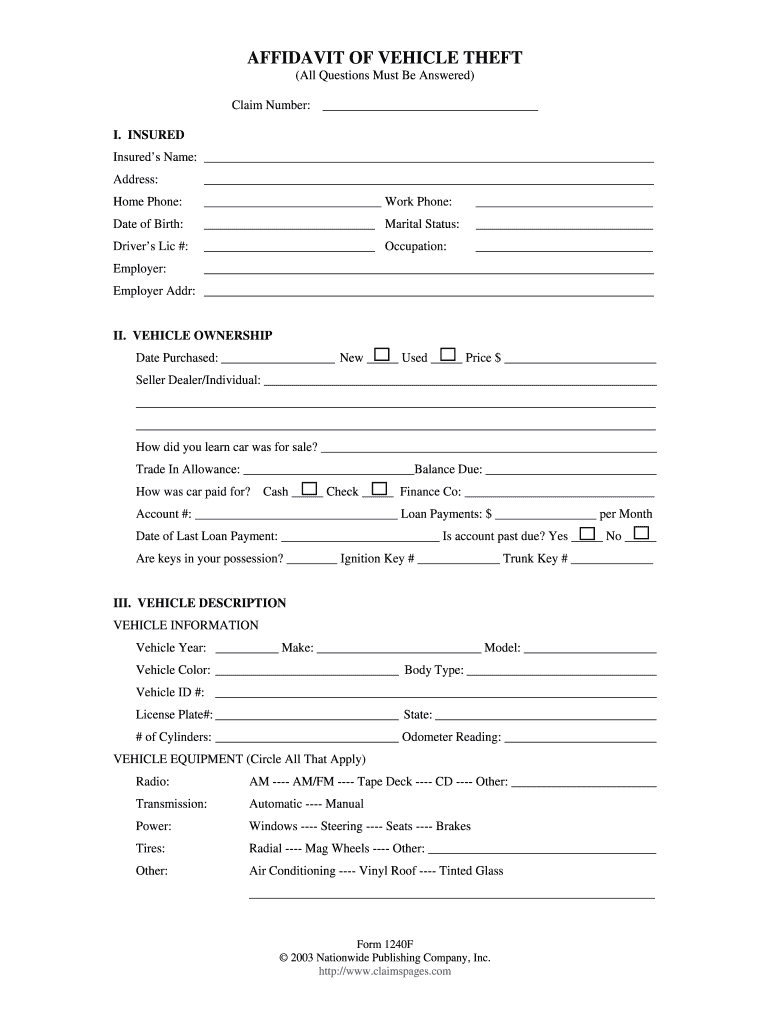 Fillable Online AFFIDAVIT OF VEHICLE THEFT - Claims Pages Fax Email ...