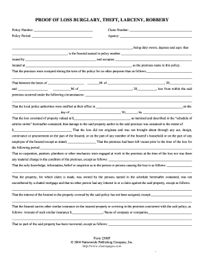 Fillable Online PROOF OF LOSS BURGLARY THEFT LARCENY ROBBERY Fax Email ...