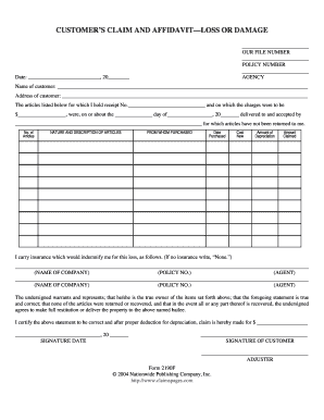 Fillable Online CUSTOMERS CLAIM AND AFFIDAVITLOSS OR DAMAGE Fax Email ...