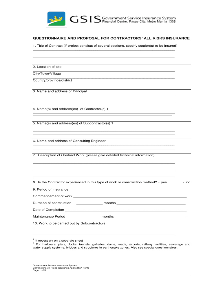 Fillable Online QUESTIONNAIRE AND PROPOSAL FOR CONTRACTORS ALL RISKS ...