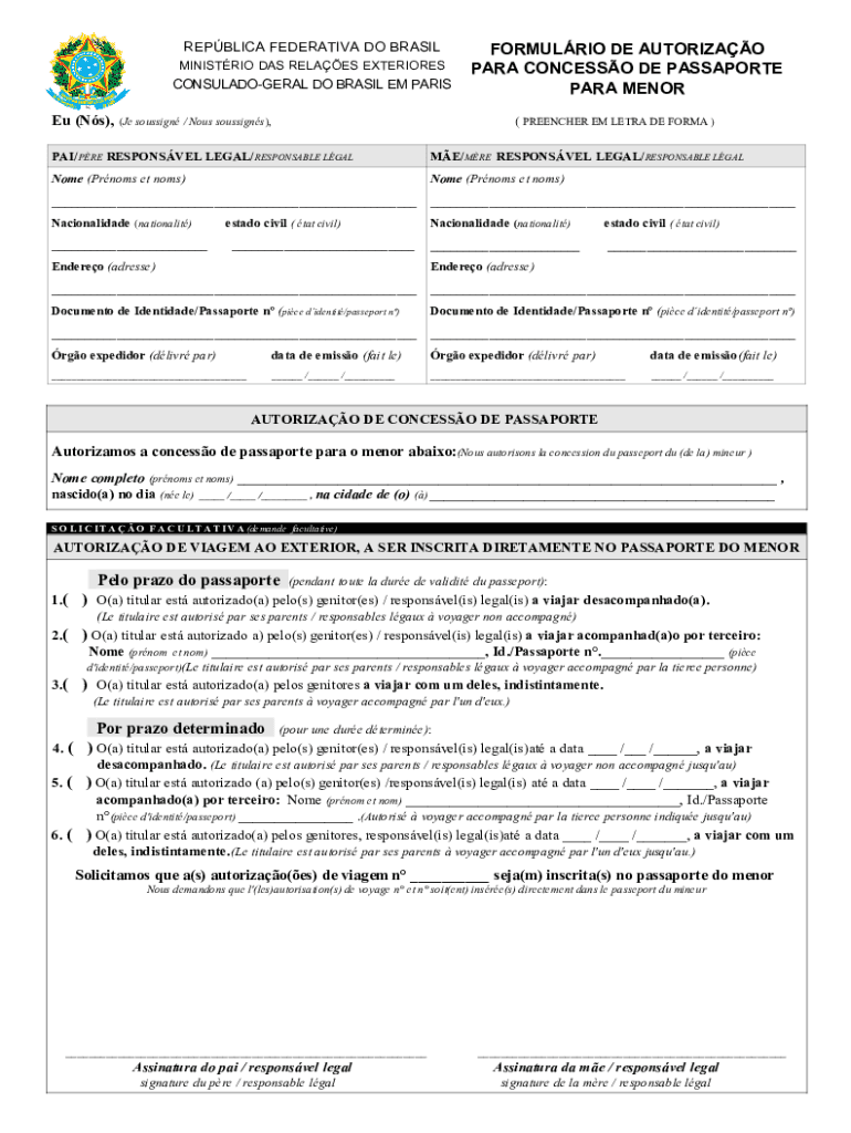Fillable Online Formulrio deAutorizao para concesso de passaporte para ...