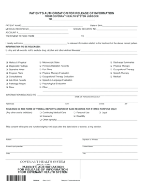 Fillable Online covenanthealth PATIENT'S AUTHORIZATION FOR RELEASE OF ...