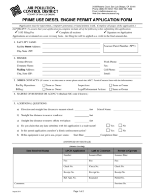 Fillable Online slocleanair Prime use diesel engine permit application ...