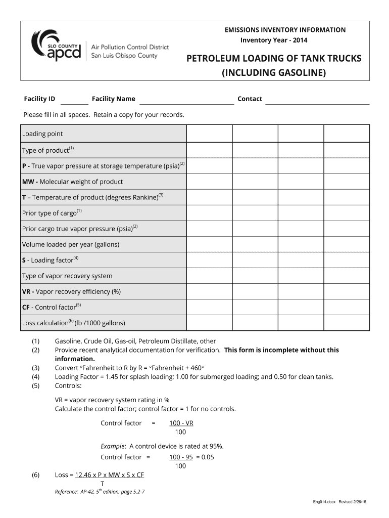 Fillable Online slocleanair PETROLEUM LOADING OF TANK TRUCKS Fax Email ...