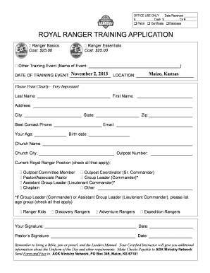 Fillable Online ROYAL RANGER TRAINING APPLICATION - AGK Ministry ...