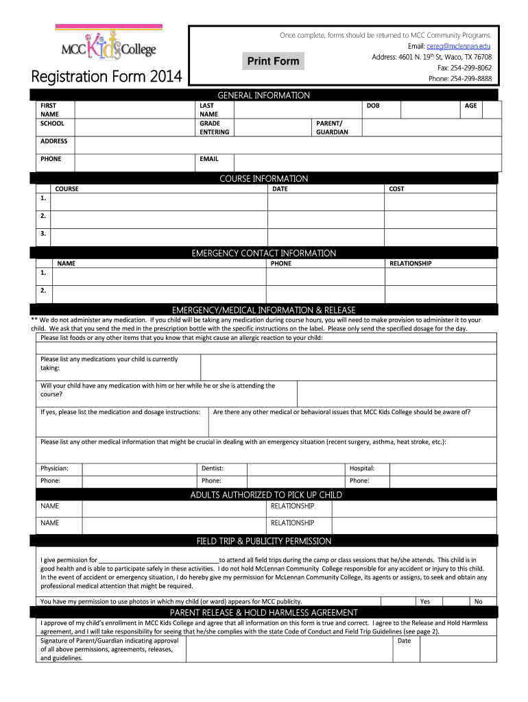 Fillable Online mclennan GENERAL INFORMATION FIRST LAST DOB AGE NAME ...