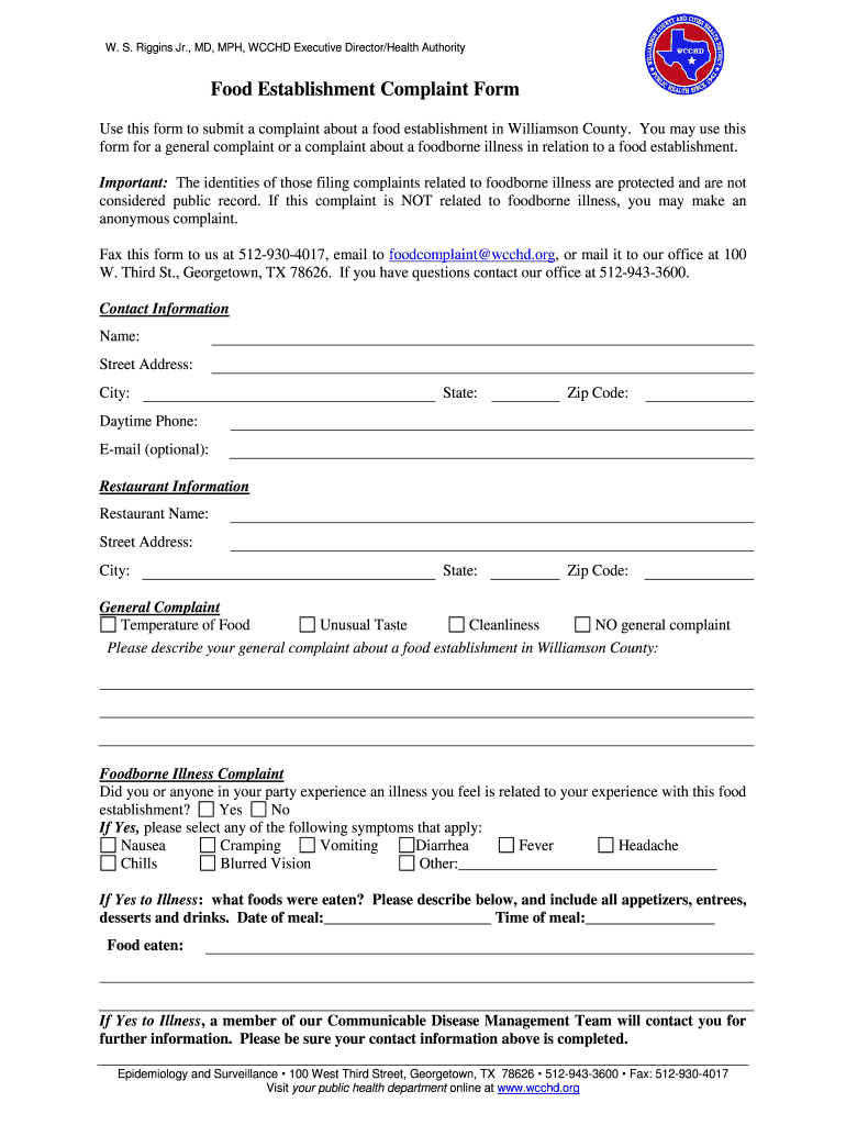 Fillable Online wcchd Food Borne Illness Complaint Form - Williamson ...