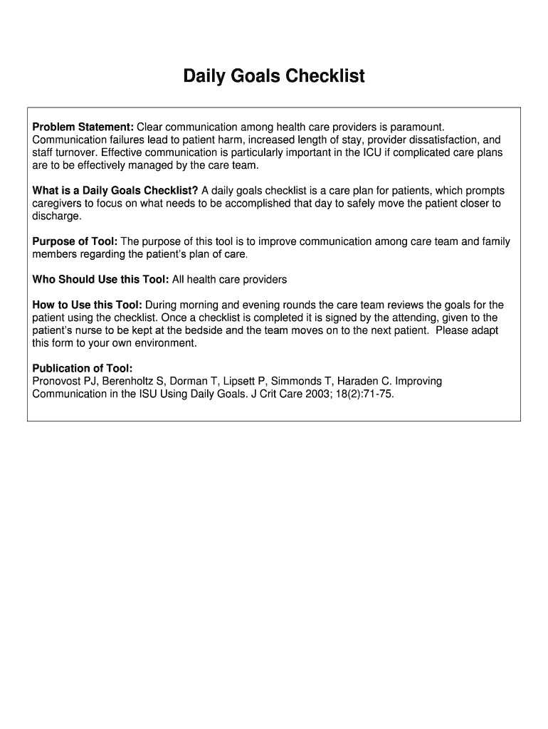 Fillable Online Daily Goals Checklist Plan for patients to safely move ...
