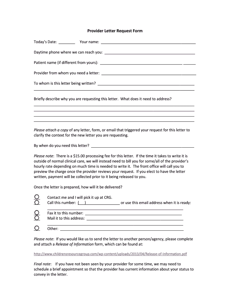 Fillable Online Provider Letter Request Form - Children's Resource ...