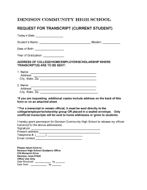Fillable Online denison k12 ia DENISON COMMUNITY hIGH SCHOOL REQUEST ...