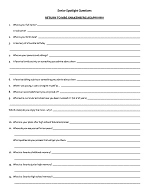 Fillable Online keota k12 ia Senior Spotlight Questions RETURN TO ...