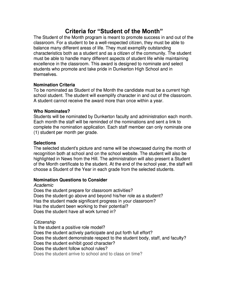 Fillable Online Criteria for Student of the Month Fax Email Print ...