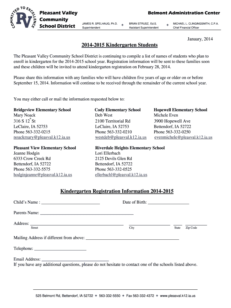 Fillable Online pleasval k12 ia 2014-2015 Kindergarten Students ...