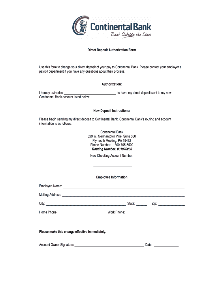 Fillable Online Print Direct Deposit Change Form - Continental Bank Fax ...