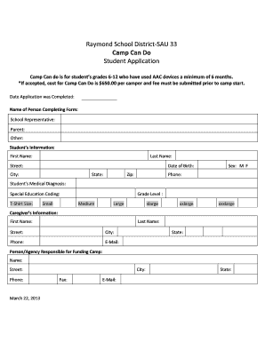 Fillable Online Raymond School District-SAU 33 Camp Can Do Student Application Fax Email Print ...