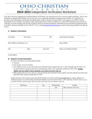 Fillable Online ohiochristian 2014 2015 Independent Verification Worksheet Your 2014 2015 Free ...