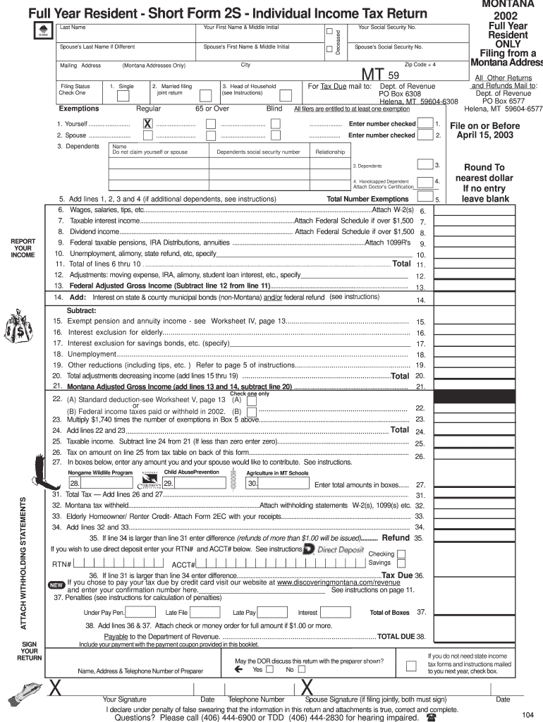 Fillable Online revenue mt 2002 Short form 2S - Montana Department of ...
