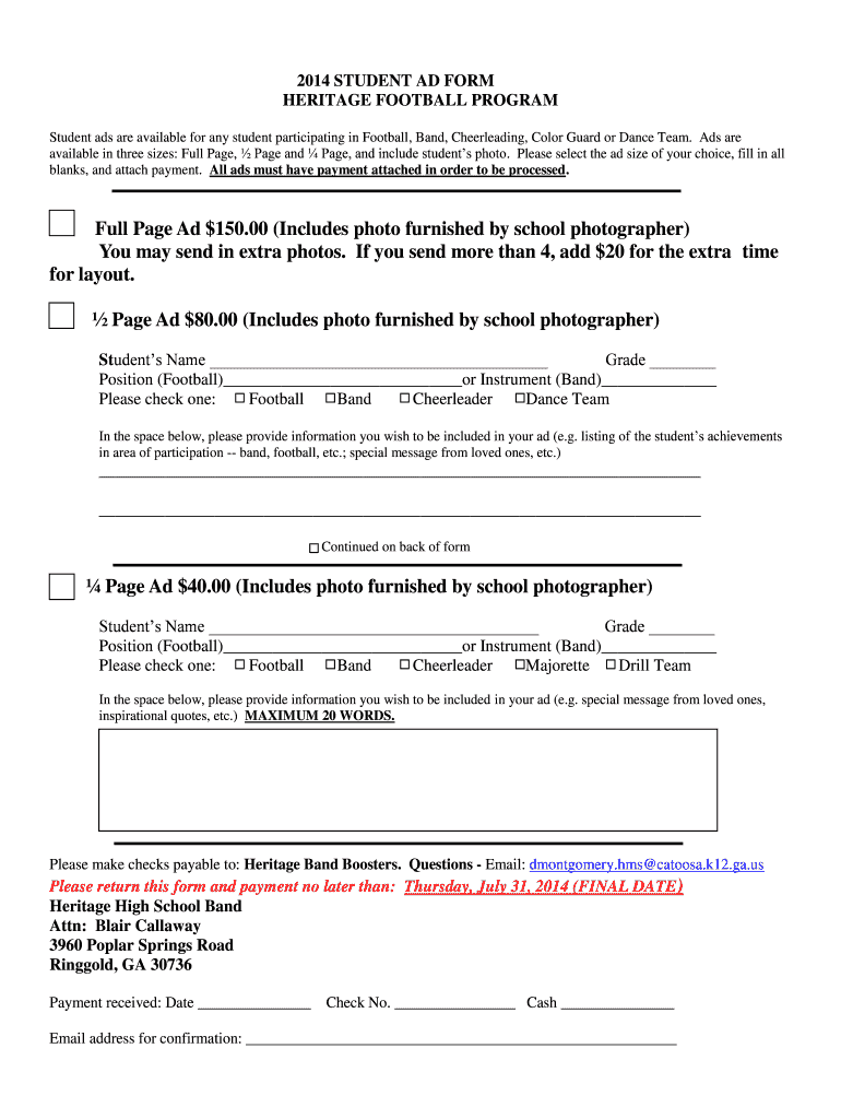 Fillable Online SENIOR AD ORDER FORM 2002 - Heritage football Fax Email ...