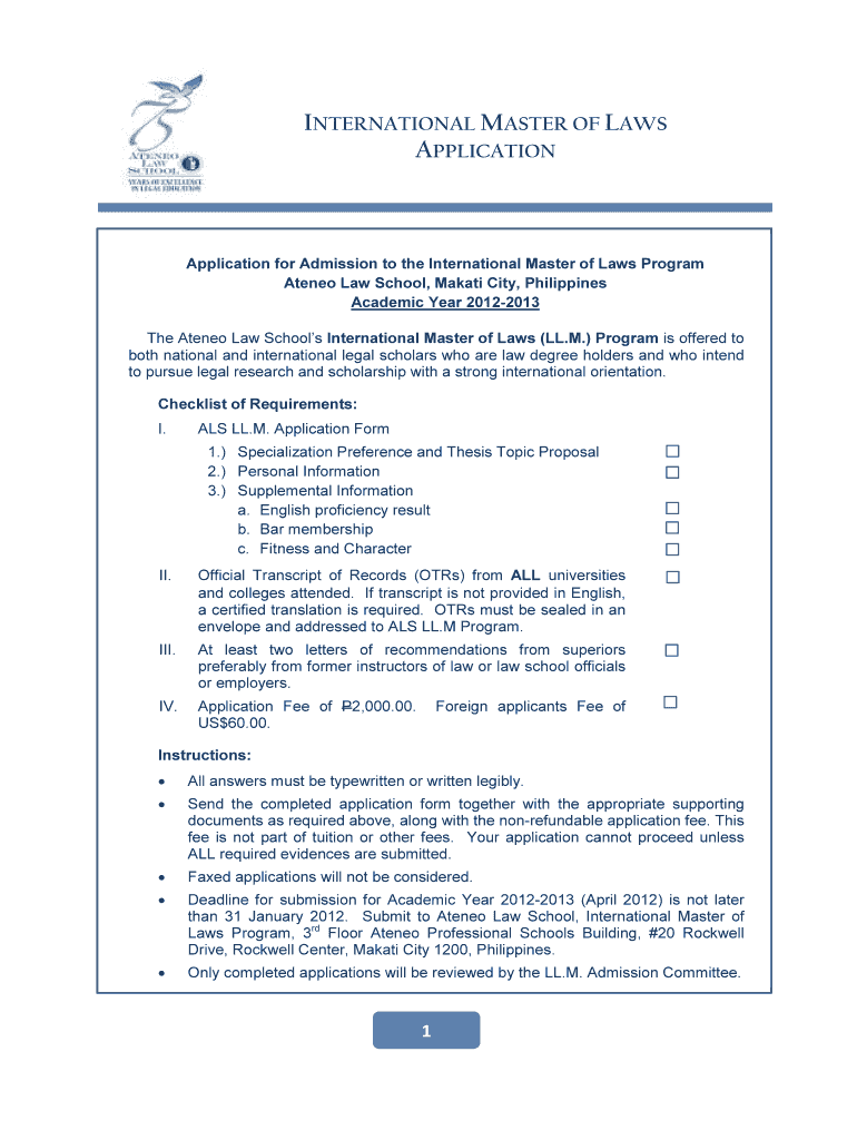 Fillable Online law ateneo International master of laws application ...