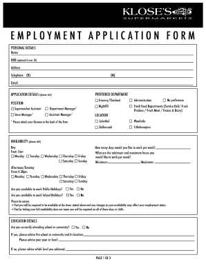 Fillable Online EMPLOYMENT APPLICATION FORM - Klose's Supermarkets Fax ...