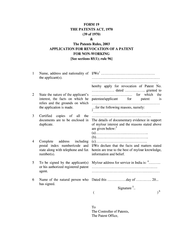 Fillable Online ipindia nic FORM 19 THE PATENTS ACT, 1970 (39 of 1970 ...