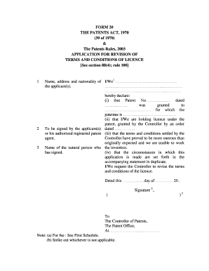 Fillable Online ipindia nic FORM 20 THE PATENTS ACT, 1970 (39 of 1970 ...