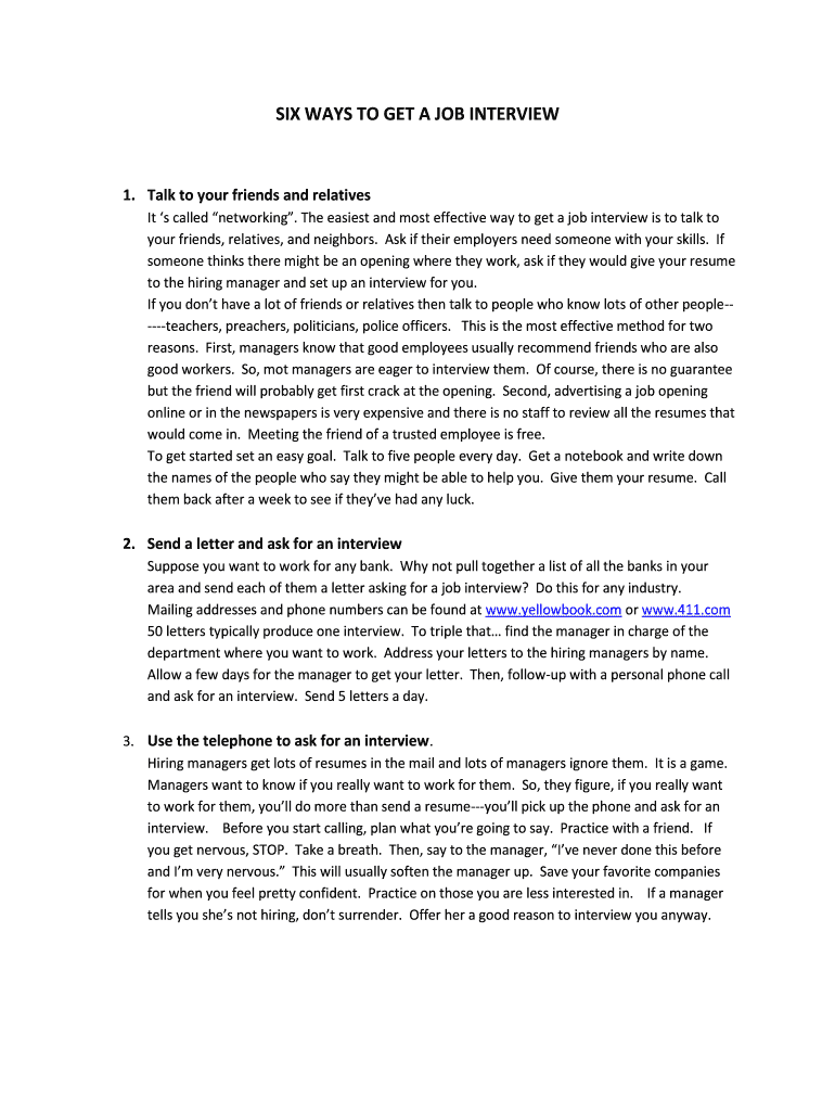 Fillable Online SIX WAYS TO GET A JOB INTERVIEW Fax Email Print - pdfFiller