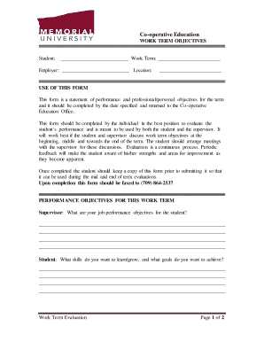 Fillable Online mun Co-operative Education WORK TERM OBJECTIVES USE OF ...