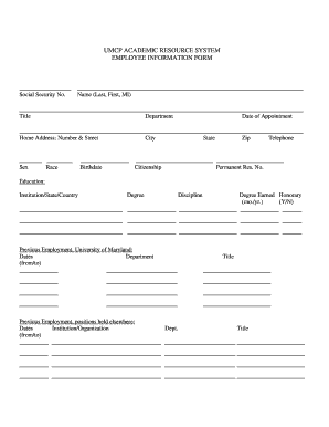Fillable Online english umd Umcp academic resource system employee information form Fax Email ...