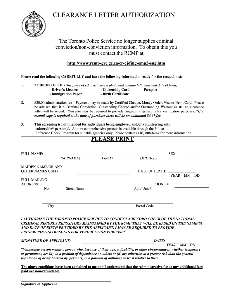 Toronto Clearance Letter Authorization Fill And Sign Printable