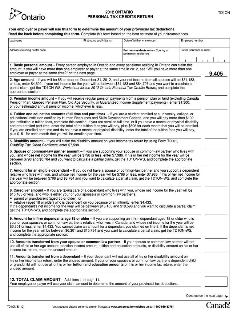 Fillable Online citizenlab Ontario Personal Tax Credit Return TD1ON ...