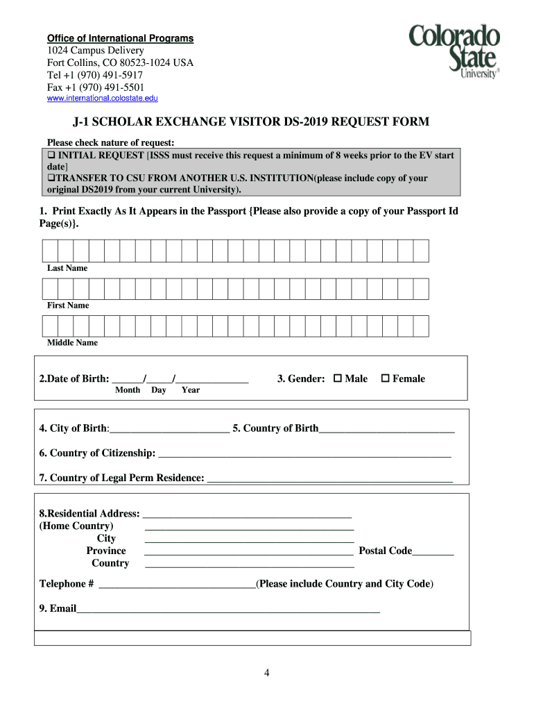 Fillable Online wsnet colostate J-1 VISA PACKET FOR FOREIGN EXCHANGE VISITORS TO ... Fax Email ...