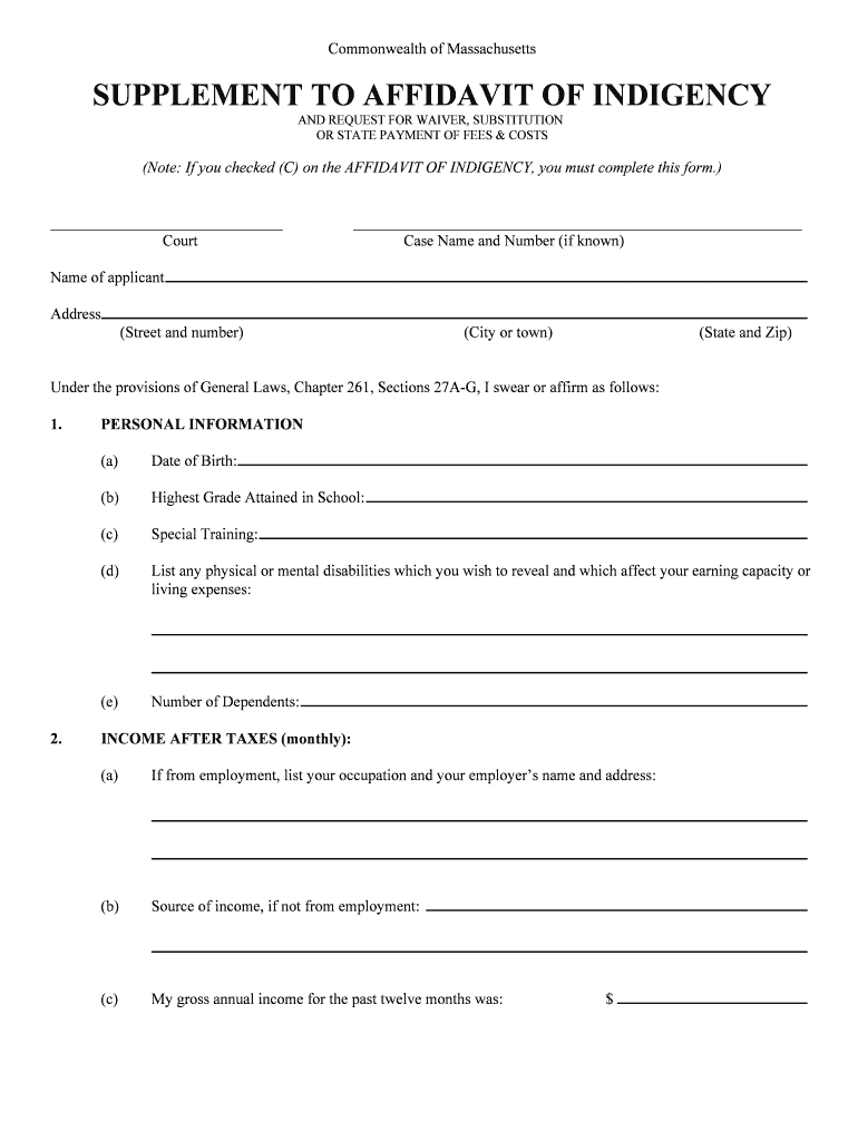 Fillable Online Supplement of Affidavit of Indigency - Bristol County Probate Fax Email Print ...