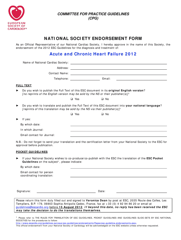 Fillable Online escardio NATIONAL SOCIETY ENDORSEMENT FORM Acute and Chronic Heart ...