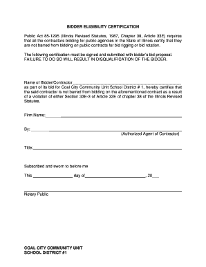 Fillable Online BIDDER ELIGIBILITY CERTIFICATION - Coal City Unit ...