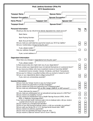 Fillable Online Peck Jenkins Kershner CPAs PA b2013b Questionnaire Fax ...