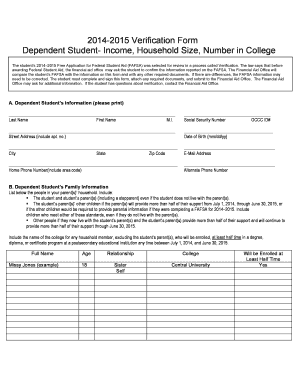Fillable Online 2014-2015 Verification Form Dependent Student- Income ...