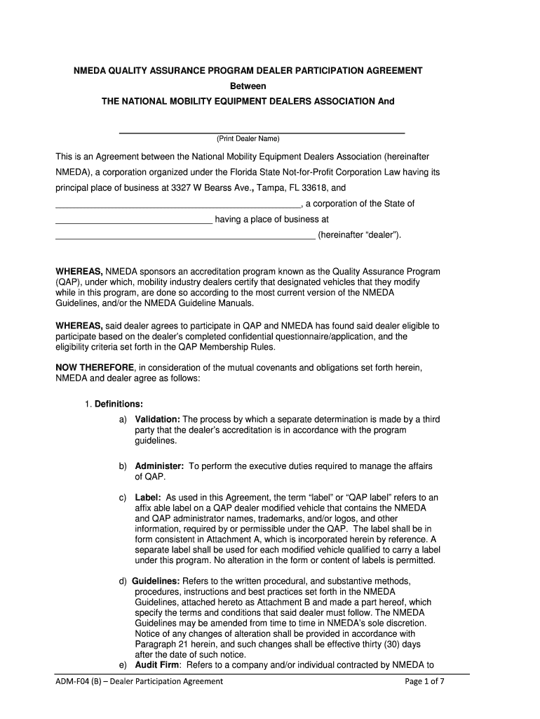 Fillable Online Dealer Participation Agreement - Nmeda Fax Email Print ...