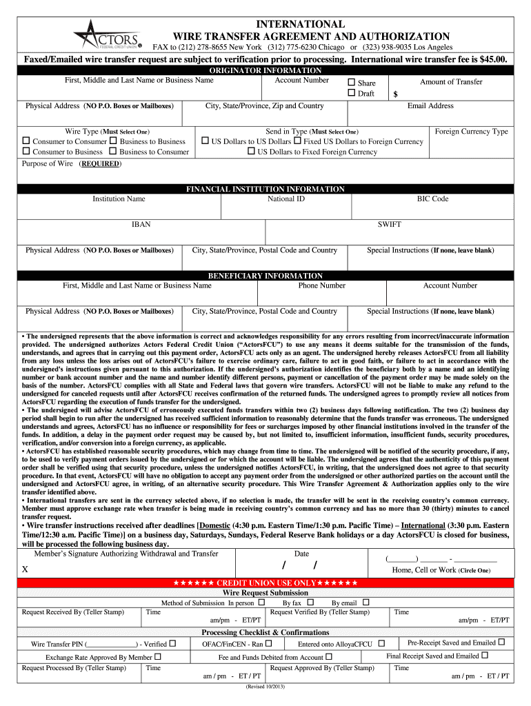 Fillable Online International wire transfer agreement and authorization - ActorsFCU Fax Email ...