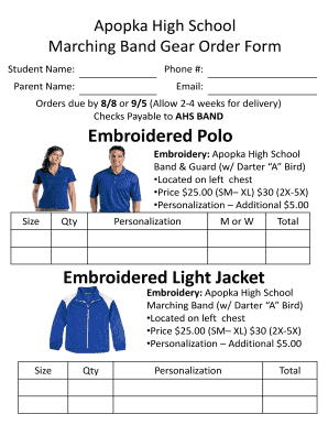 Fillable Online Apopka High School Marching Band Gear Order Form Fax ...