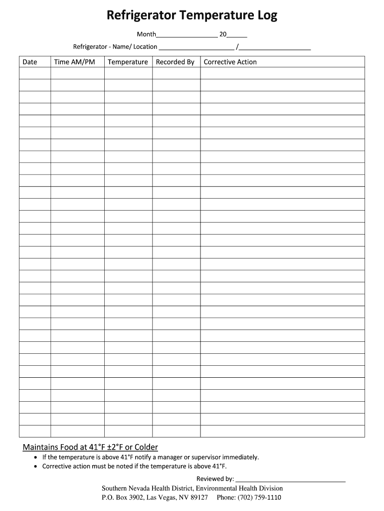 Fillable Online southernnevadahealthdistrict Refrigerator Temperature ...